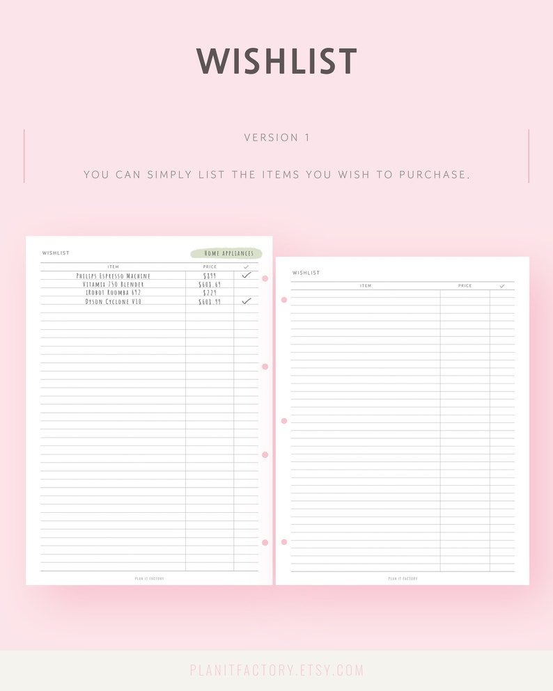 Wish List Printable Planner Inserts A4, Letter Minimalist Wishlist Page ...