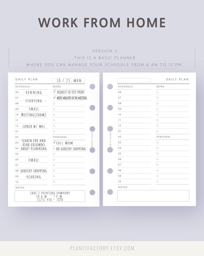 Daily Work From Home Planner Printable Pages Pocket Size Time Block ...