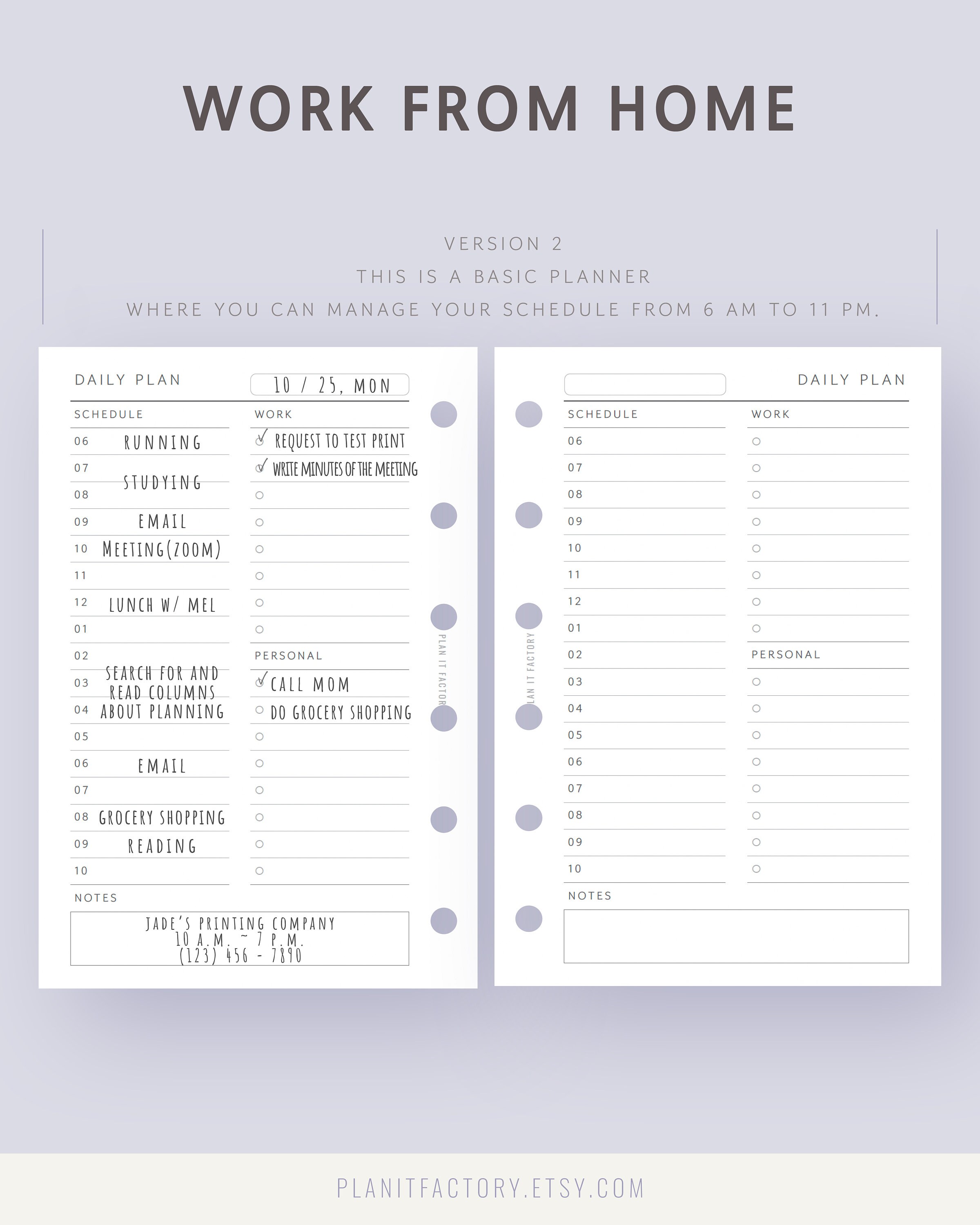 Daily Work From Home Planner Printable Pages Pocket Size Time Block ...