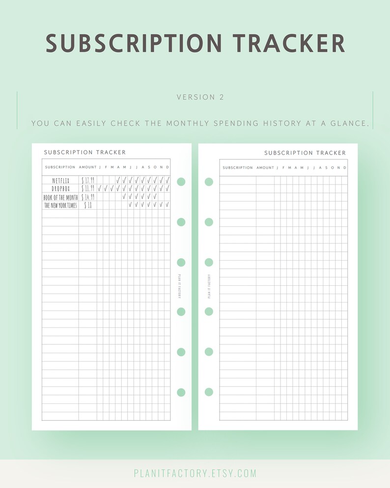 Subscription Tracker Printable Personal Size Membership Service ...