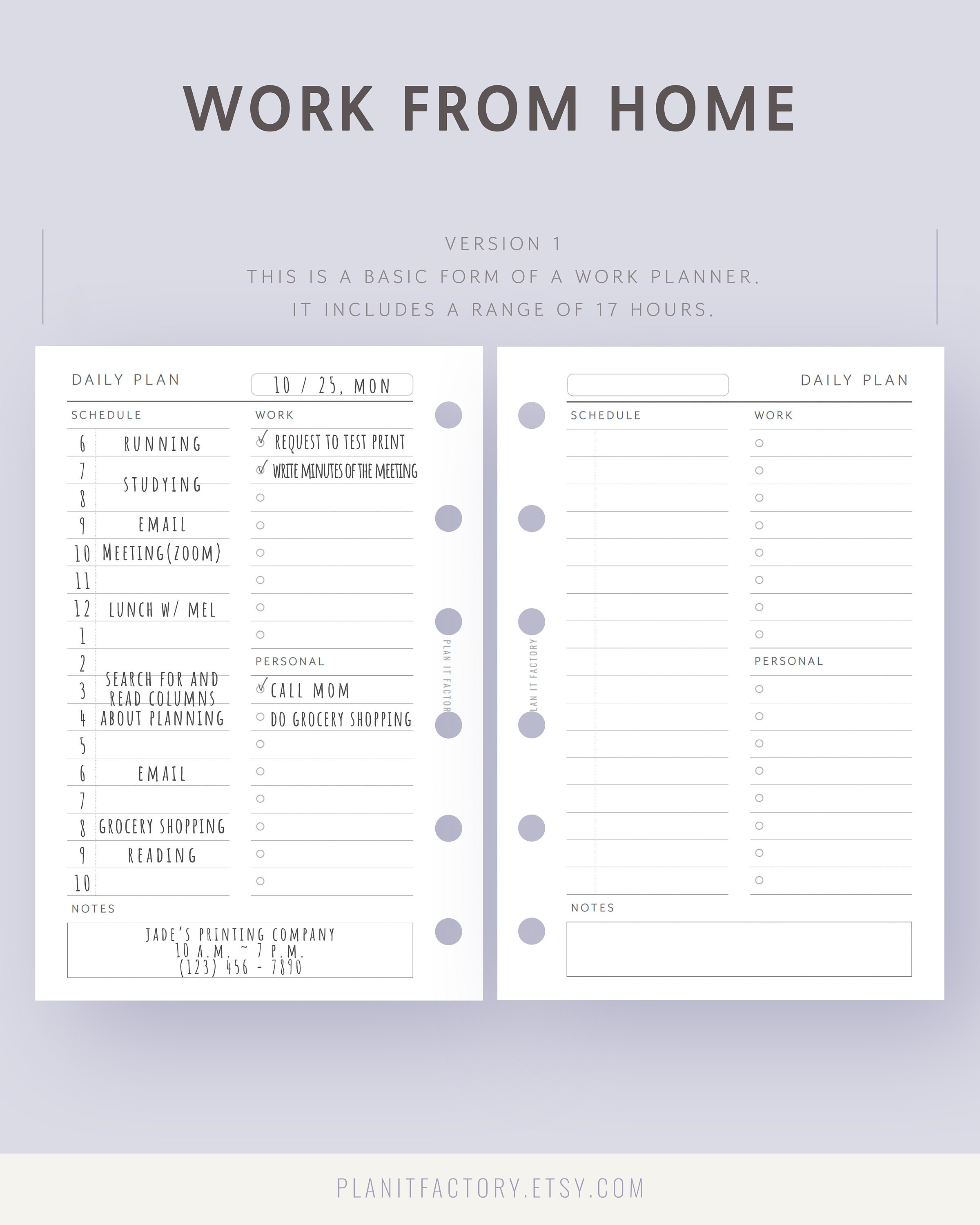 Daily Work From Home Planner Printable Pages Pocket Size Time Block ...