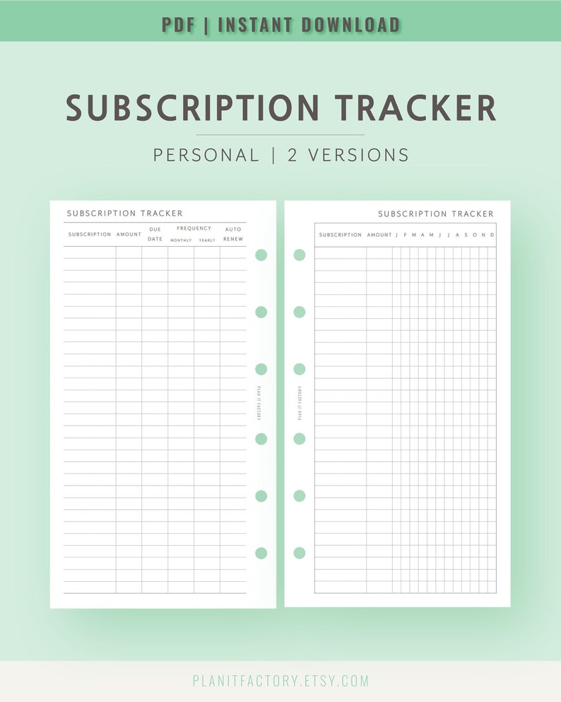 Subscription Tracker Printable Personal Size Membership Service ...