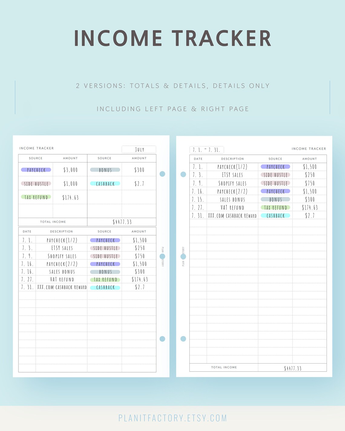 Income & Expense Tracker Printable Pages Half Letter Financial ...
