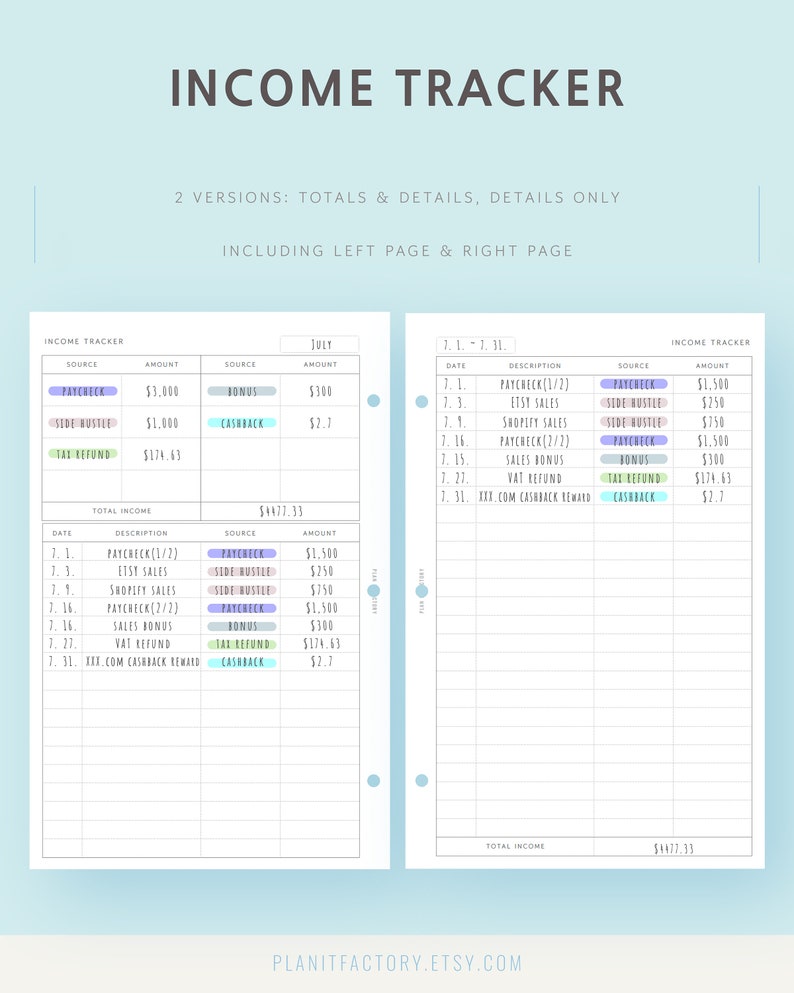 Income & Expense Tracker Printable Pages Half Letter Financial ...
