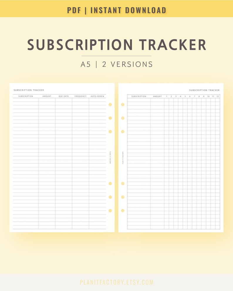 Subscription Tracker Printable A5 Membership Service - Etsy