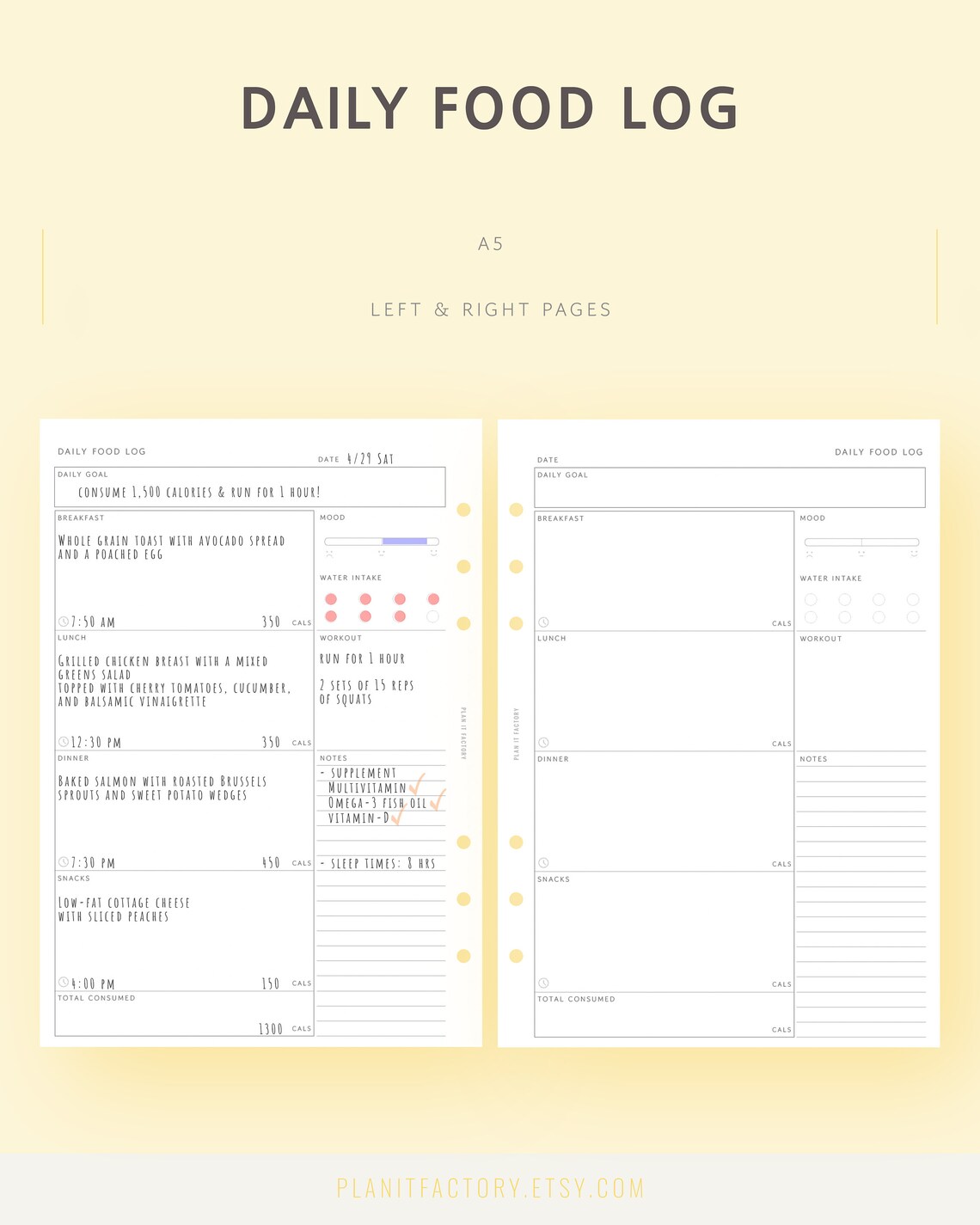 Daily Food Log Printable Pages A5 Size Daily Food Diary Template Meal ...