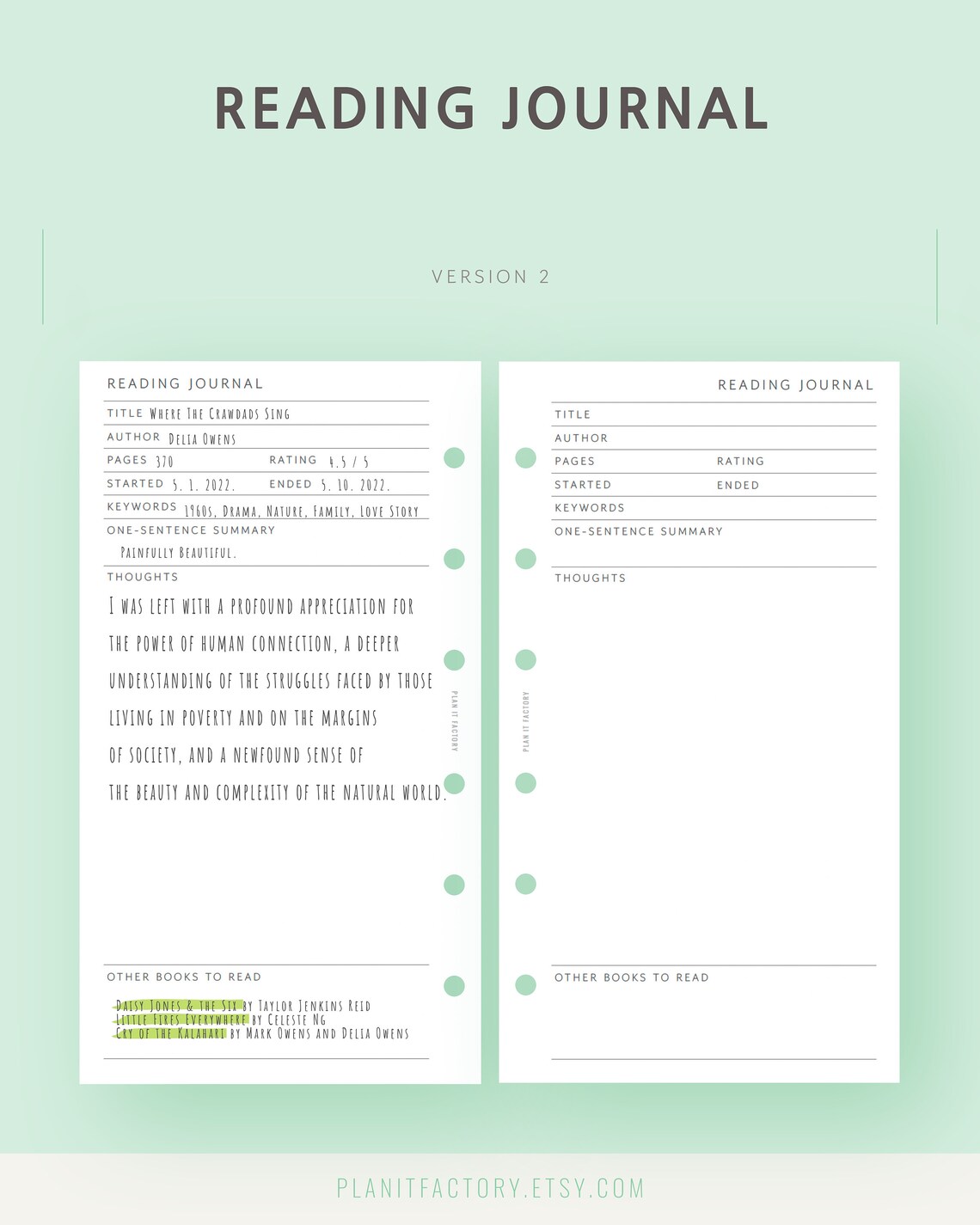 Reading Journal Printable Insert Page Personal Size Simple Book Review ...