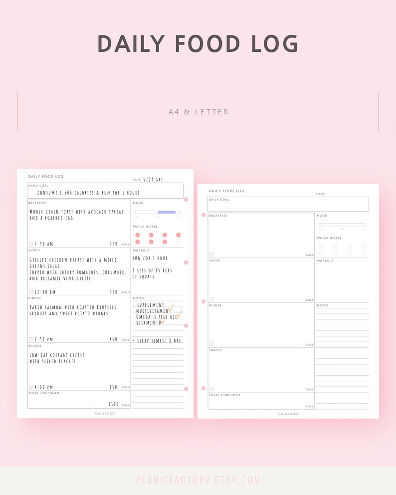 Daily Food Log Printable Pages A4, Letter Daily Food Diary Template ...
