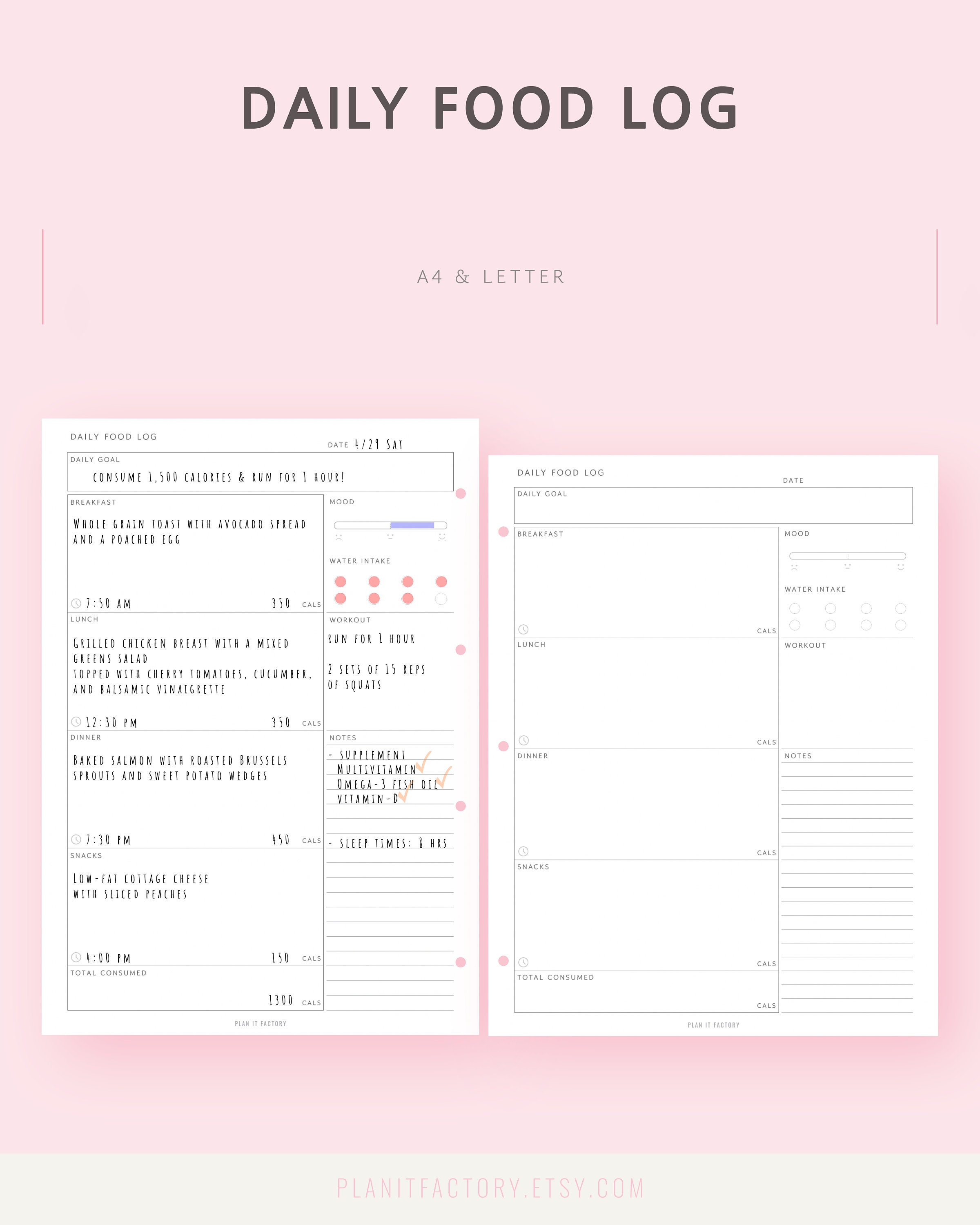Daily Food Log Printable Pages A4, Letter Daily Food Diary Template ...