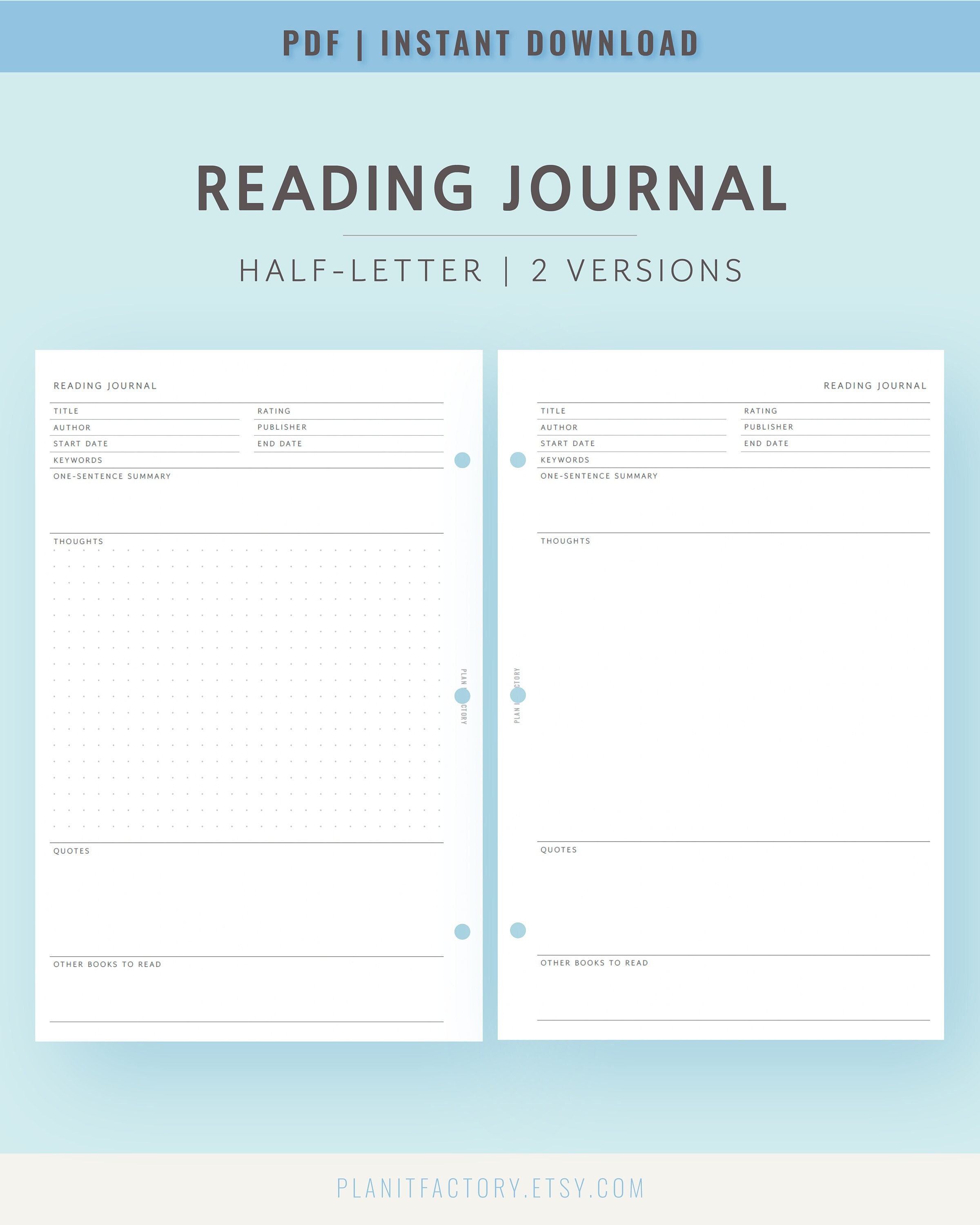 Reading Journal Printable Insert Page Half Letter Simple Book Review ...