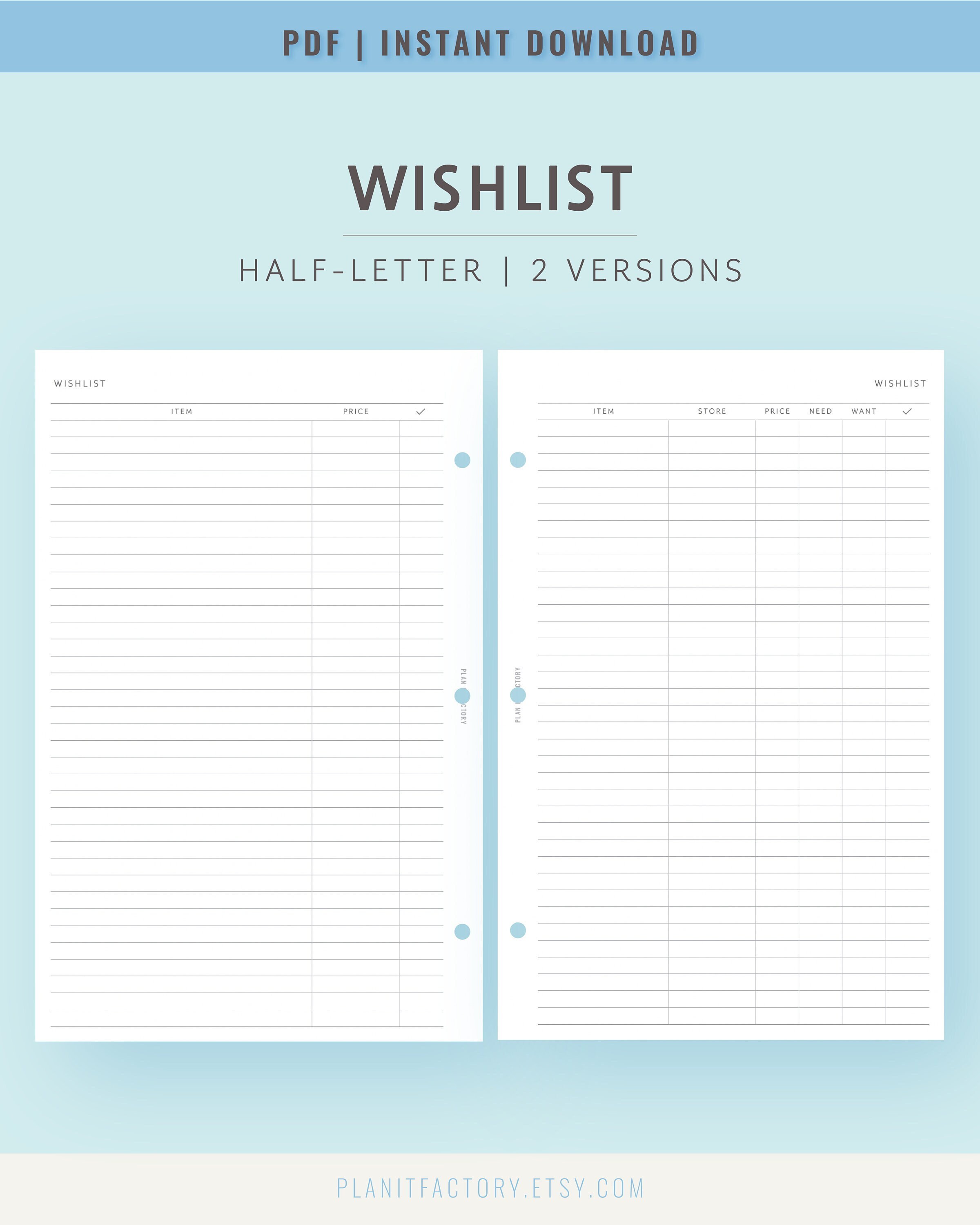 Wish List Printable Planner Inserts Half Letter Minimalist Wishlist ...