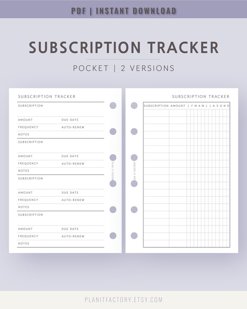 Subscription Tracker Printable Pocket Size Membership Service Checklist ...