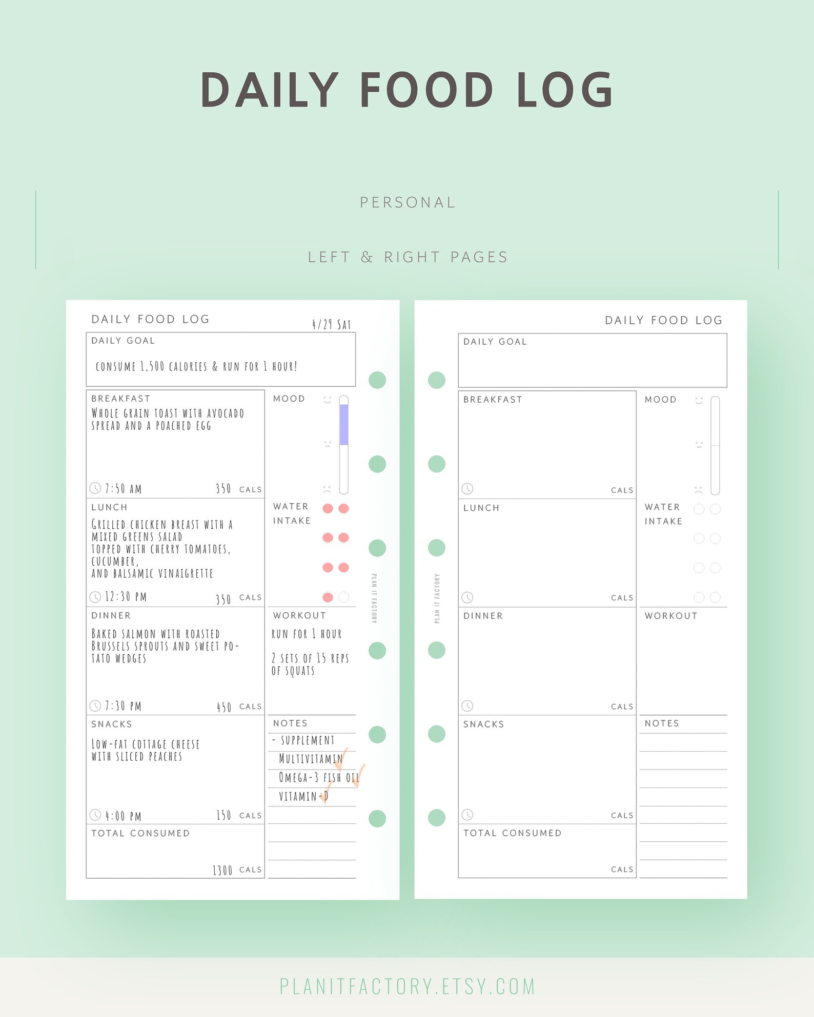 Daily Food Log Printable Pages Personal Size Daily Food Diary Template ...
