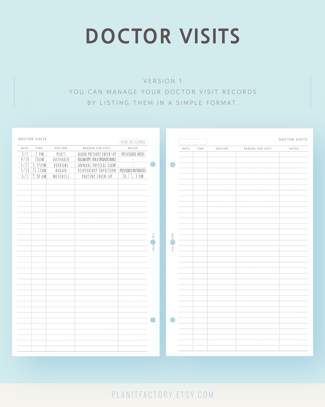 Doctor Visit Tracker Printable Pages Half Letter Medical Specialist ...