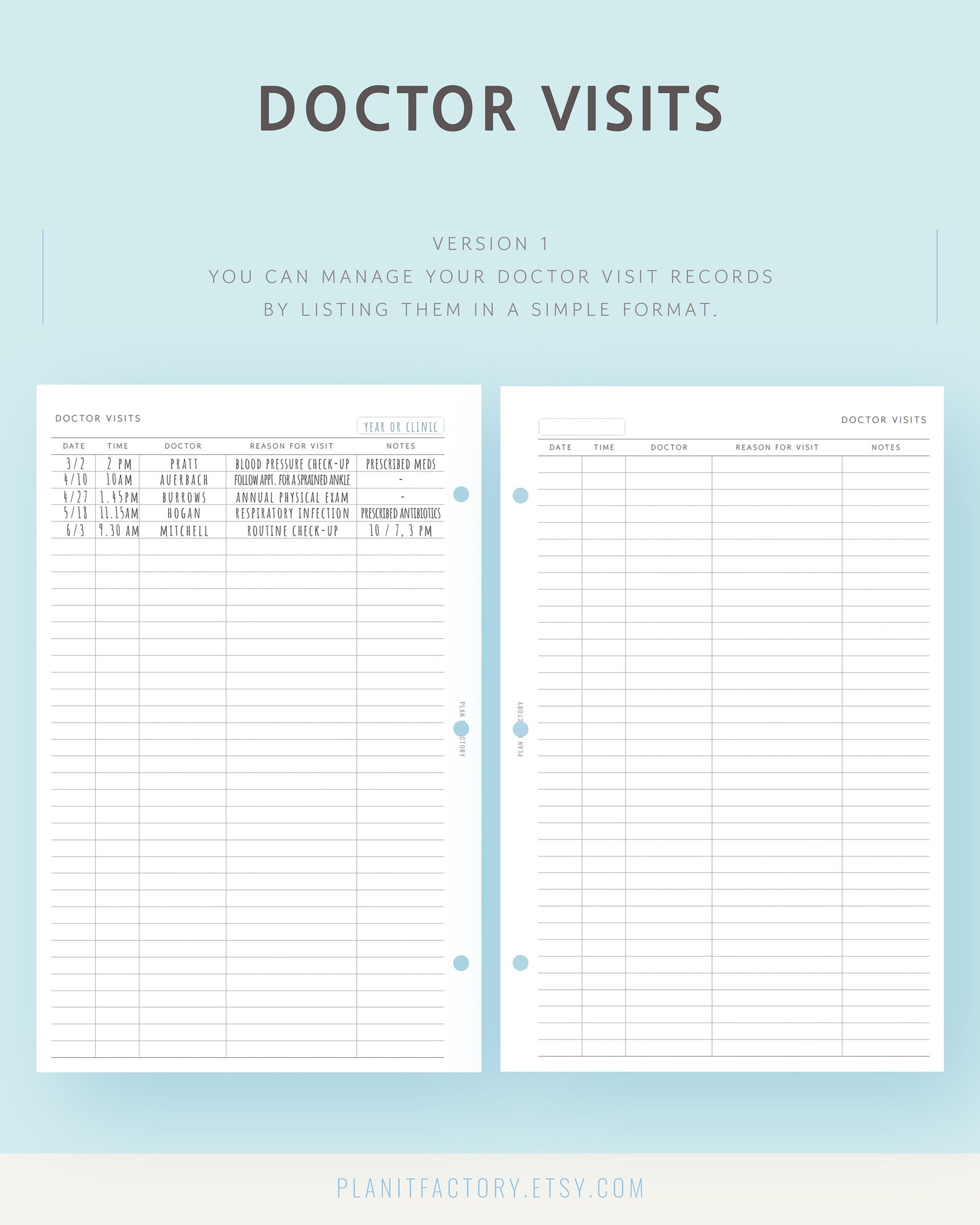 Doctor Visit Tracker Printable Pages Half Letter Medical Specialist ...