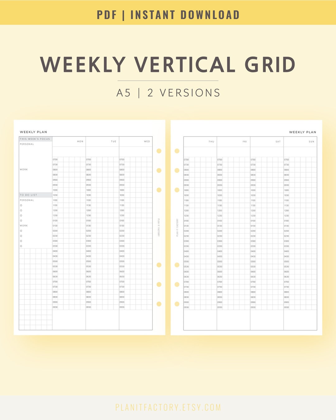 Weekly Vertical Grid Planner Printable A5 Hobonichi Weeks Inspired Week ...