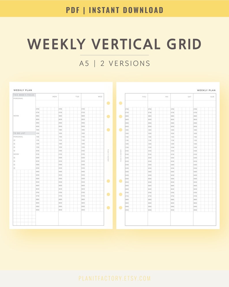 Weekly Vertical Grid Planner Printable A5 Hobonichi Weeks Inspired Week ...
