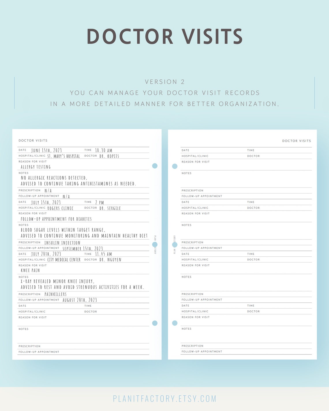 Doctor Visit Tracker Printable Pages Half Letter Medical Specialist ...