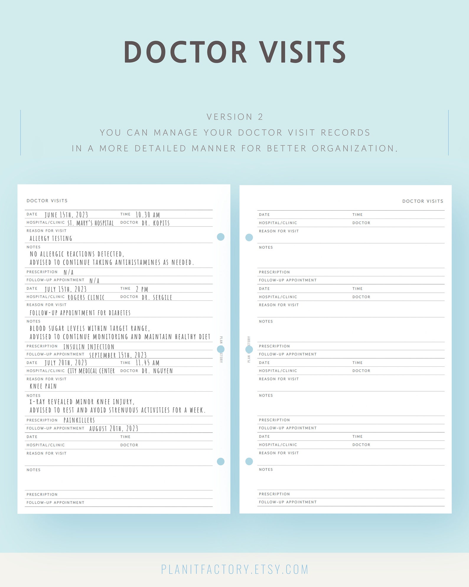 Doctor Visit Tracker Printable Pages Half Letter Medical Specialist ...