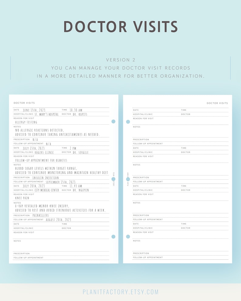 Doctor Visit Tracker Printable Pages Half Letter Medical Specialist ...
