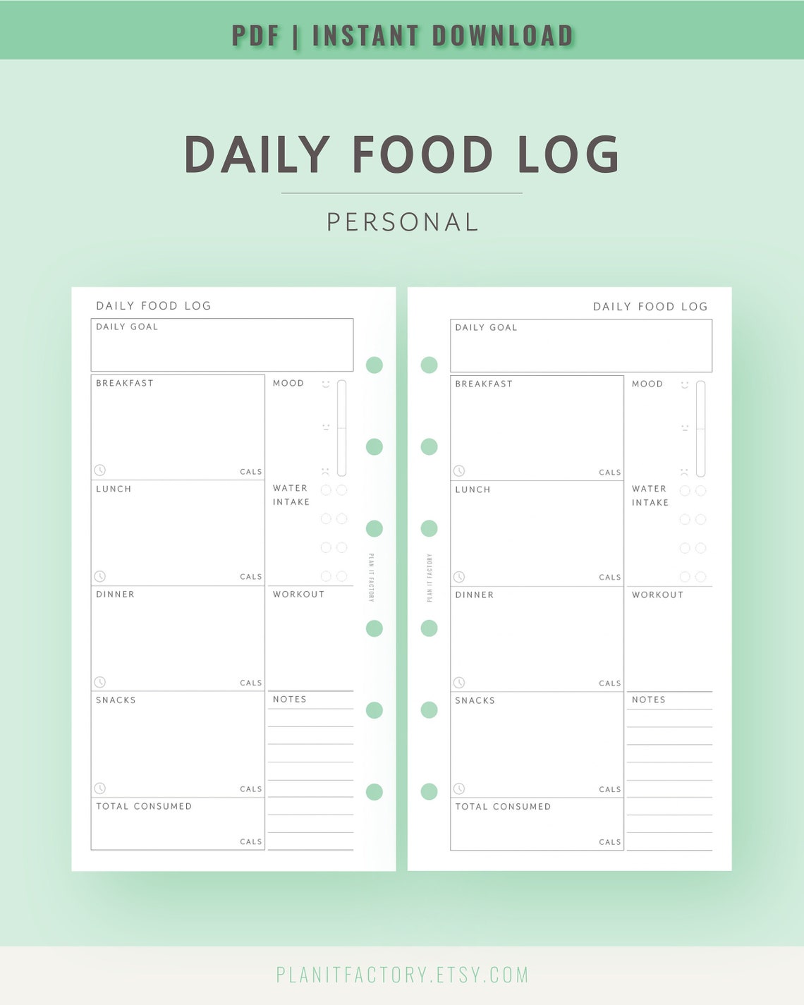 Daily Food Log Printable Pages Personal Size Daily Food Diary Template ...