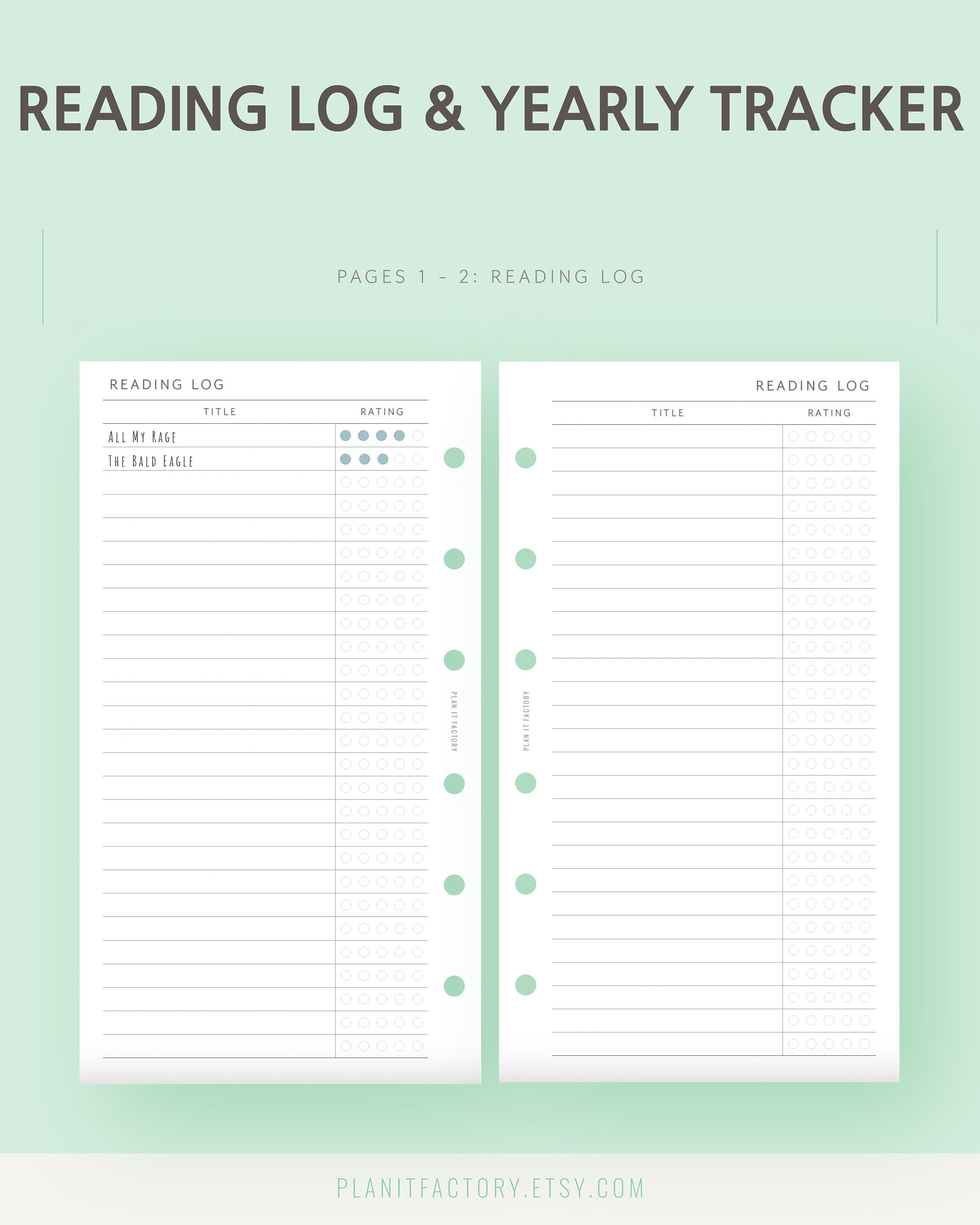 Reading Log & Yearly Reading Tracker Printable Template Personal Size ...