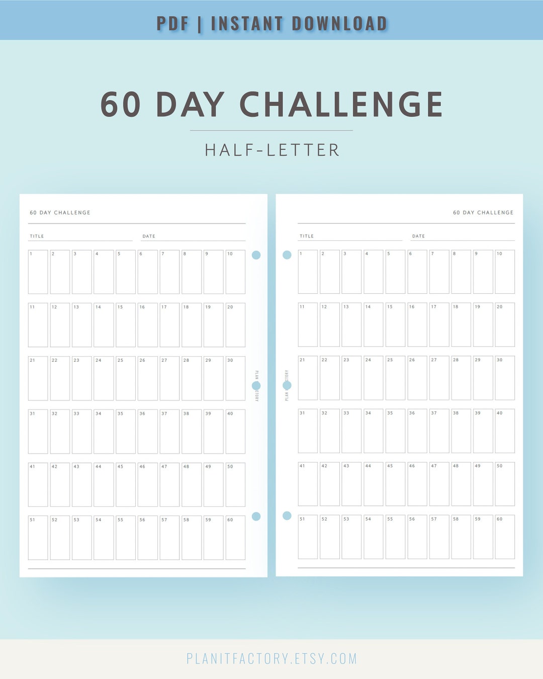 60 Day Challenge Tracker Printable Planner Half Letter Minimalist Habit ...