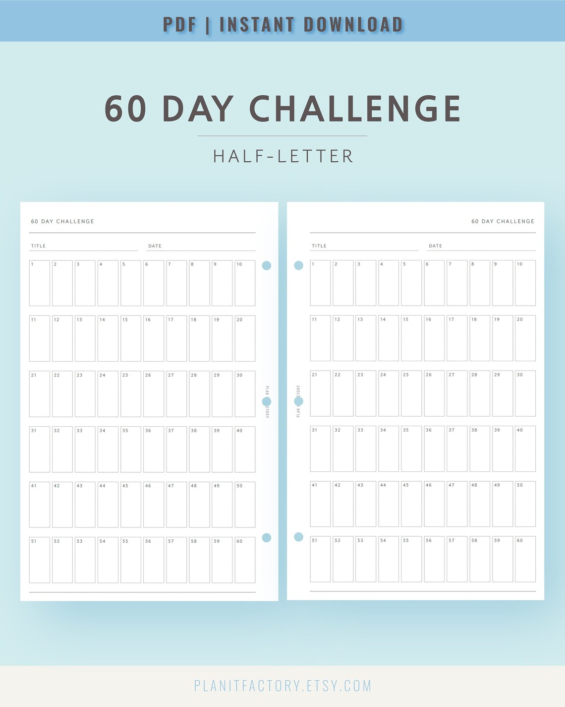60 Day Challenge Tracker Printable Planner Half Letter Minimalist Habit ...