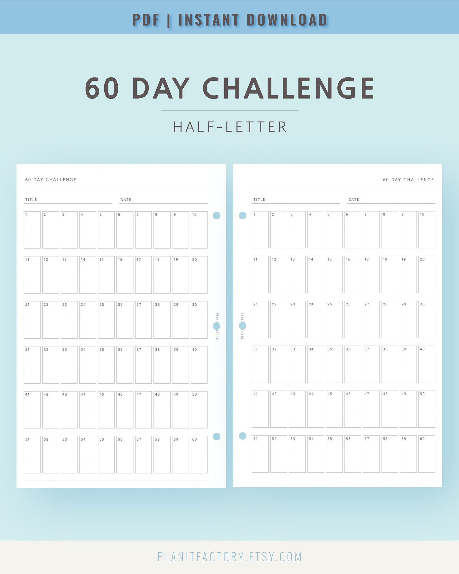 60 Day Challenge Tracker Printable Planner Half Letter Minimalist Habit ...