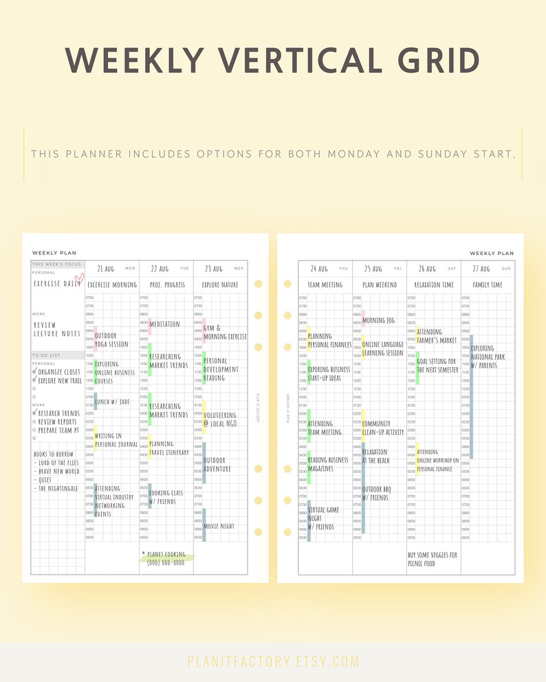 Weekly Vertical Grid Planner Printable A5 Hobonichi Weeks Inspired Week ...