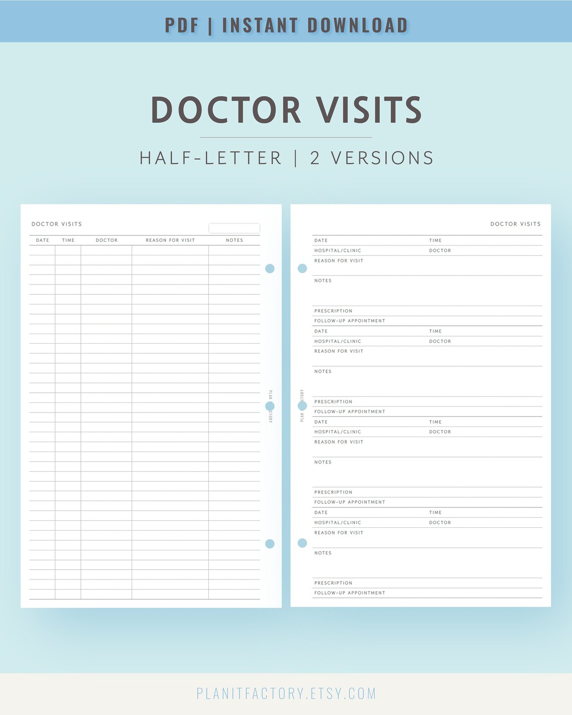 Doctor Visit Tracker Printable Pages Half Letter Medical Specialist ...