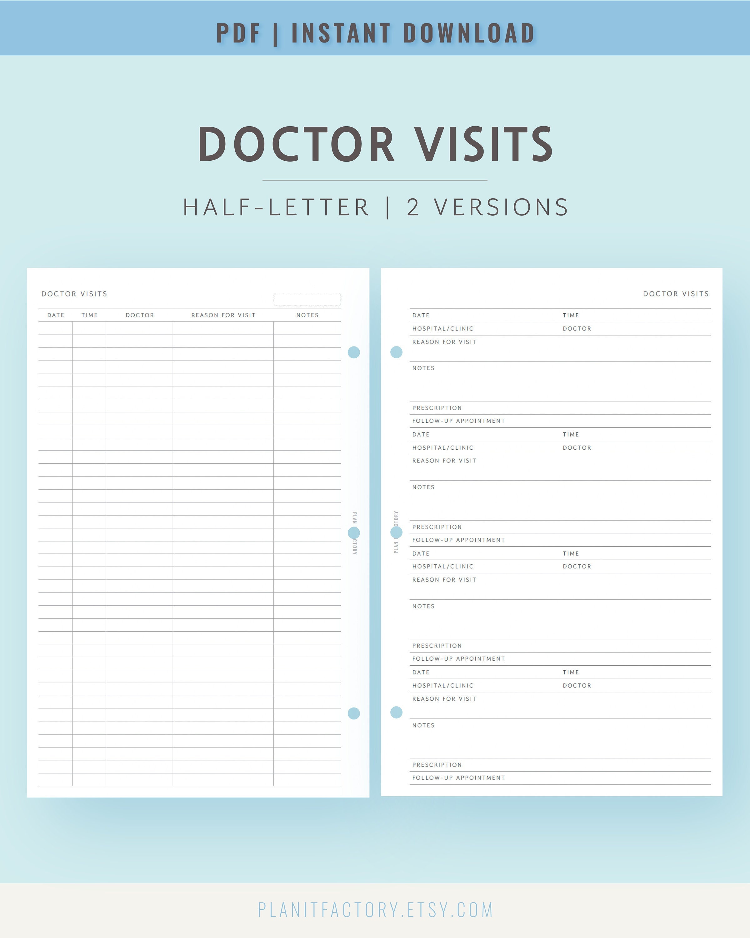 Doctor Visit Tracker Printable Pages Half Letter Medical Specialist ...