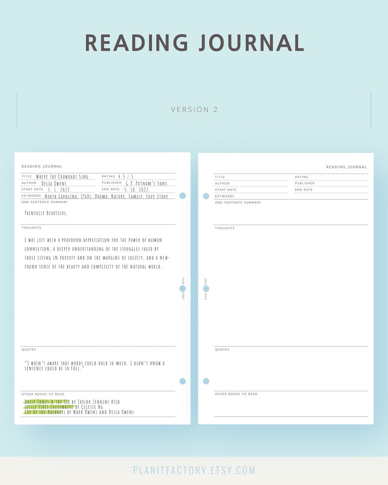 Reading Journal Printable Insert Page Half Letter Simple Book Review ...