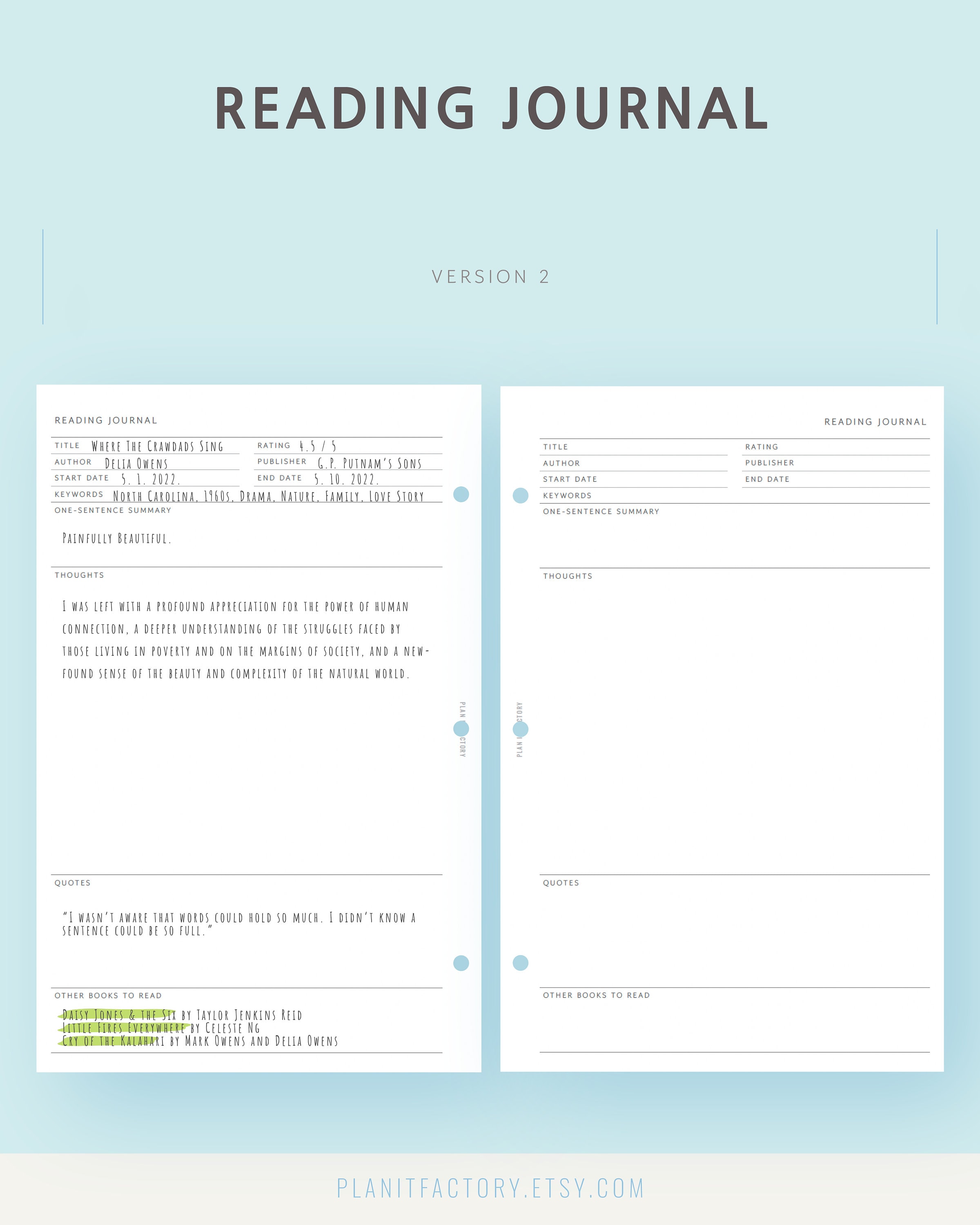 Reading Journal Printable Insert Page Half Letter Simple Book Review ...