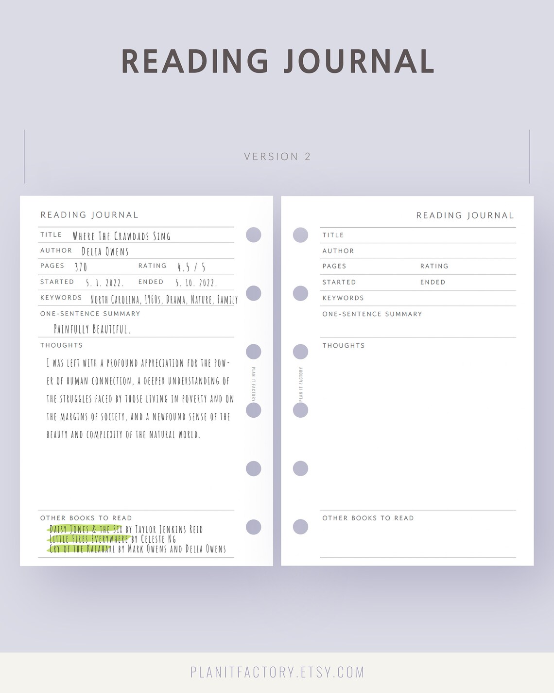 Reading Journal Printable Insert Page Pocket Size Simple Book Review ...