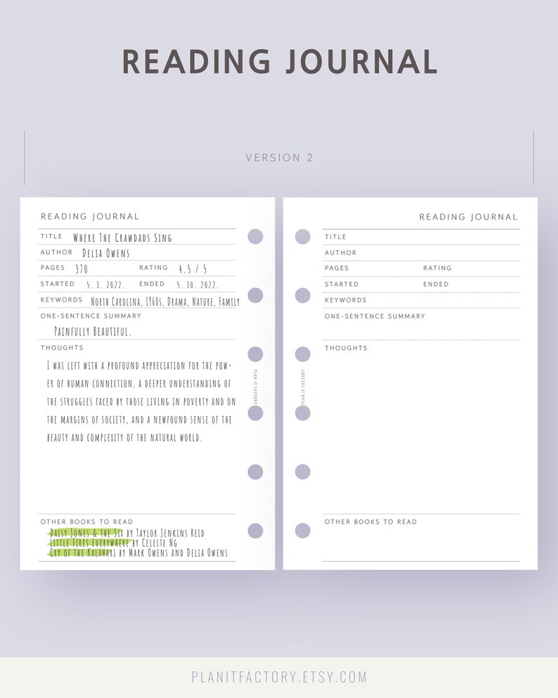 Reading Journal Printable Insert Page Pocket Size Simple Book Review ...