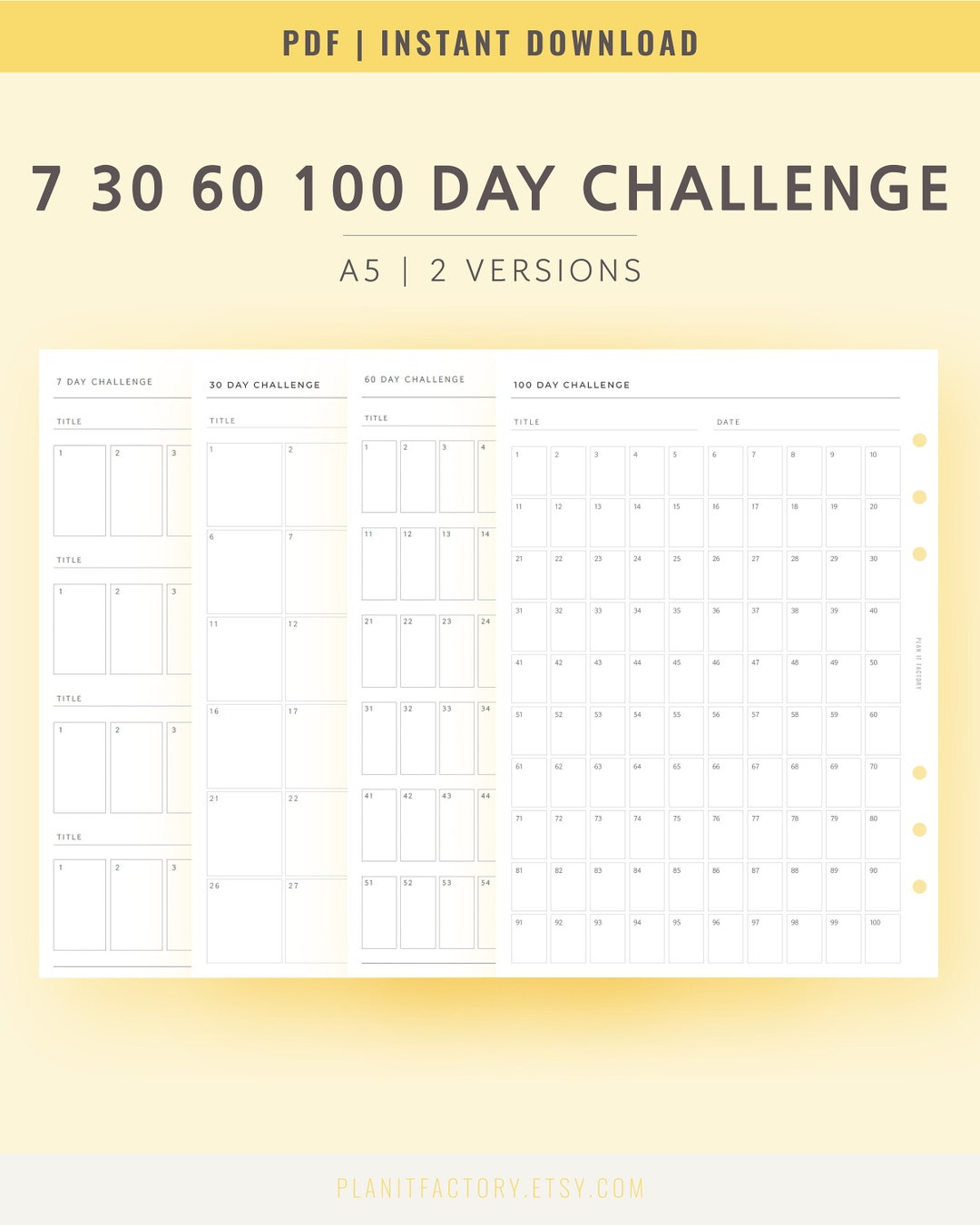 7 30 60 100 Day Challenge Tracker Printable Planner A5 Minimalist Habit ...