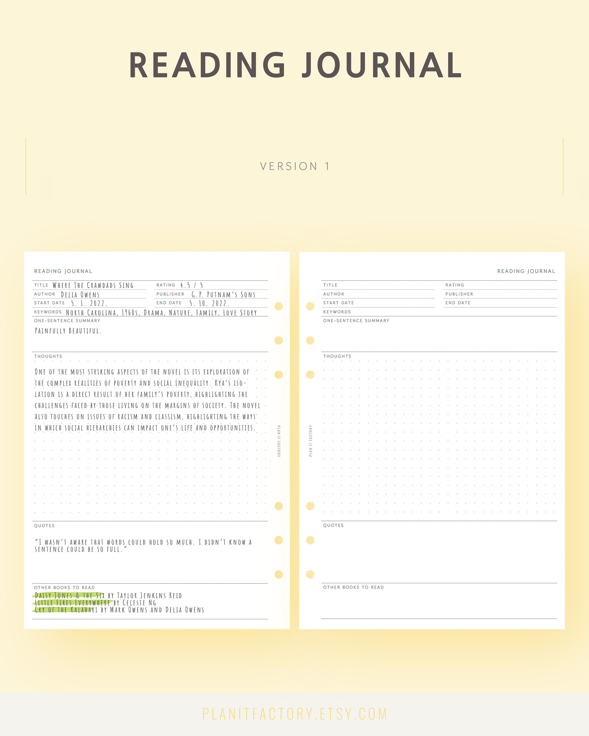 Reading Journal Printable Insert Page A5 Simple Book Review Log ...