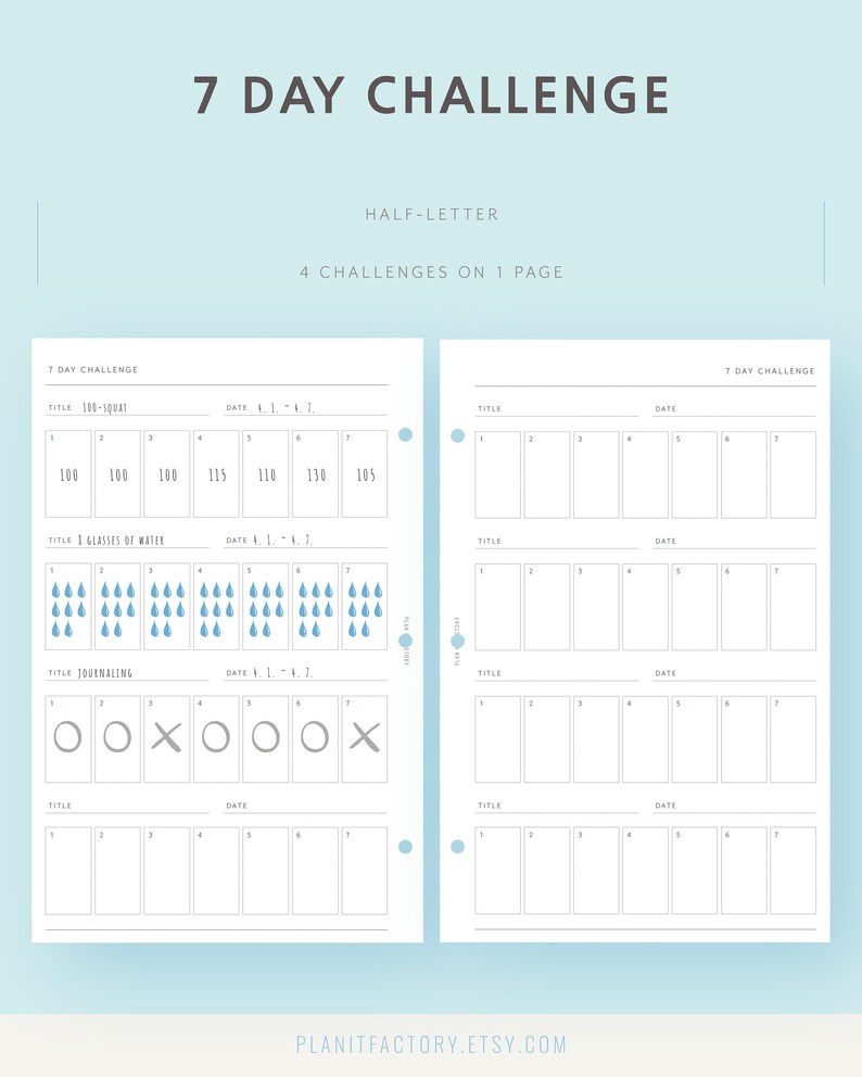 7 Day Challenge Tracker Printable Planner Page Half Letter Minimalist ...