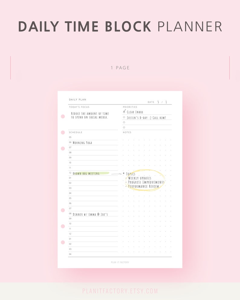Daily Time Block Planner Printable Insert Minimalist Page - Etsy