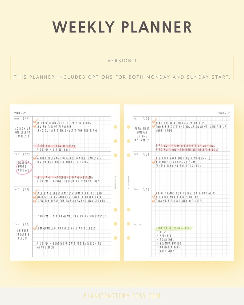 Undated Weekly Planner Printable Inserts A5 Grid Weekly Schedule ...