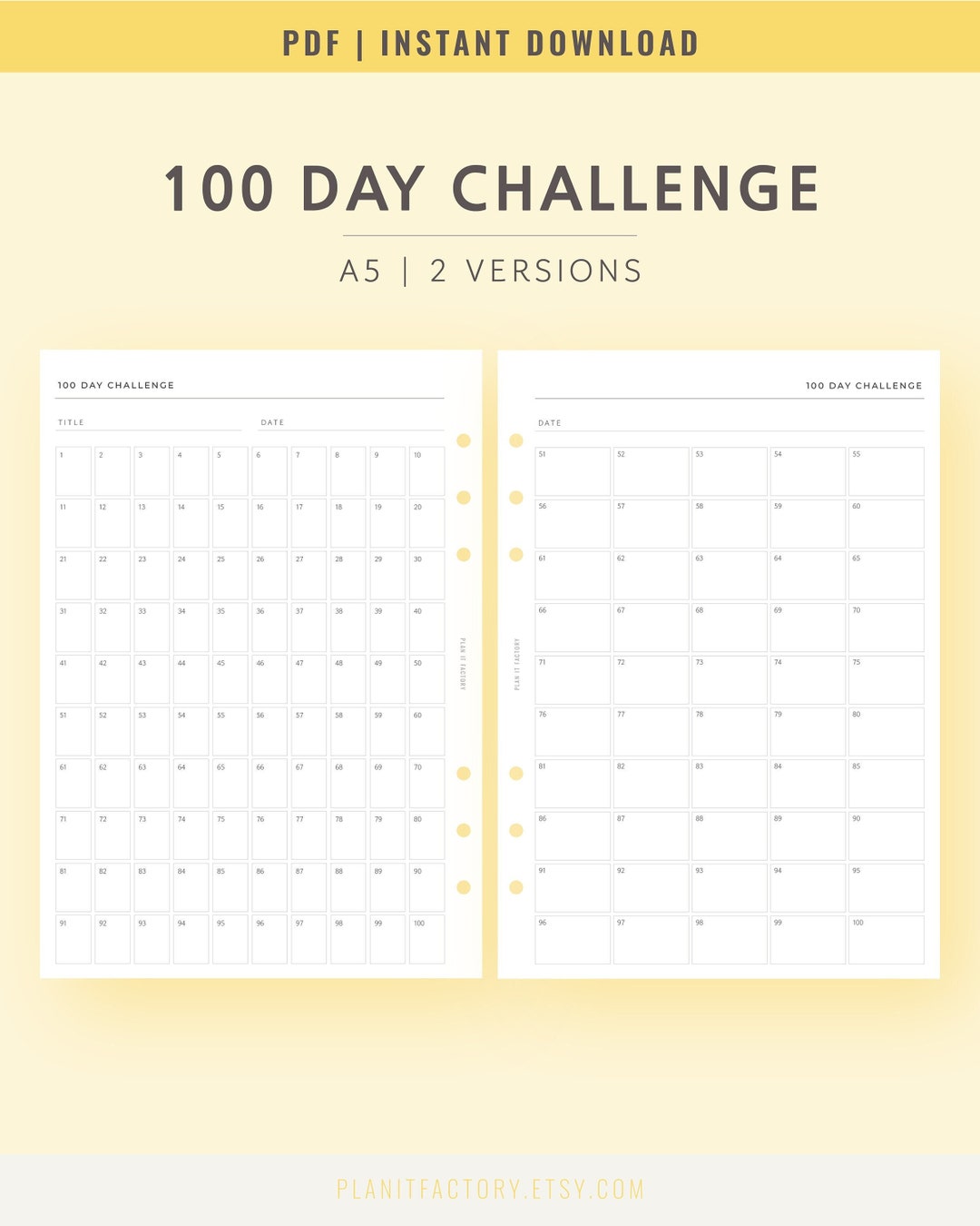 100 Day Challenge Tracker Printable Planner Page A5 Minimalist Habit ...