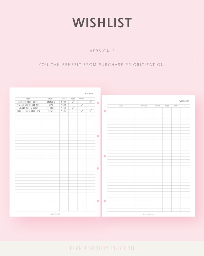 Wish List Printable Planner Inserts A4, Letter Minimalist Wishlist Page ...