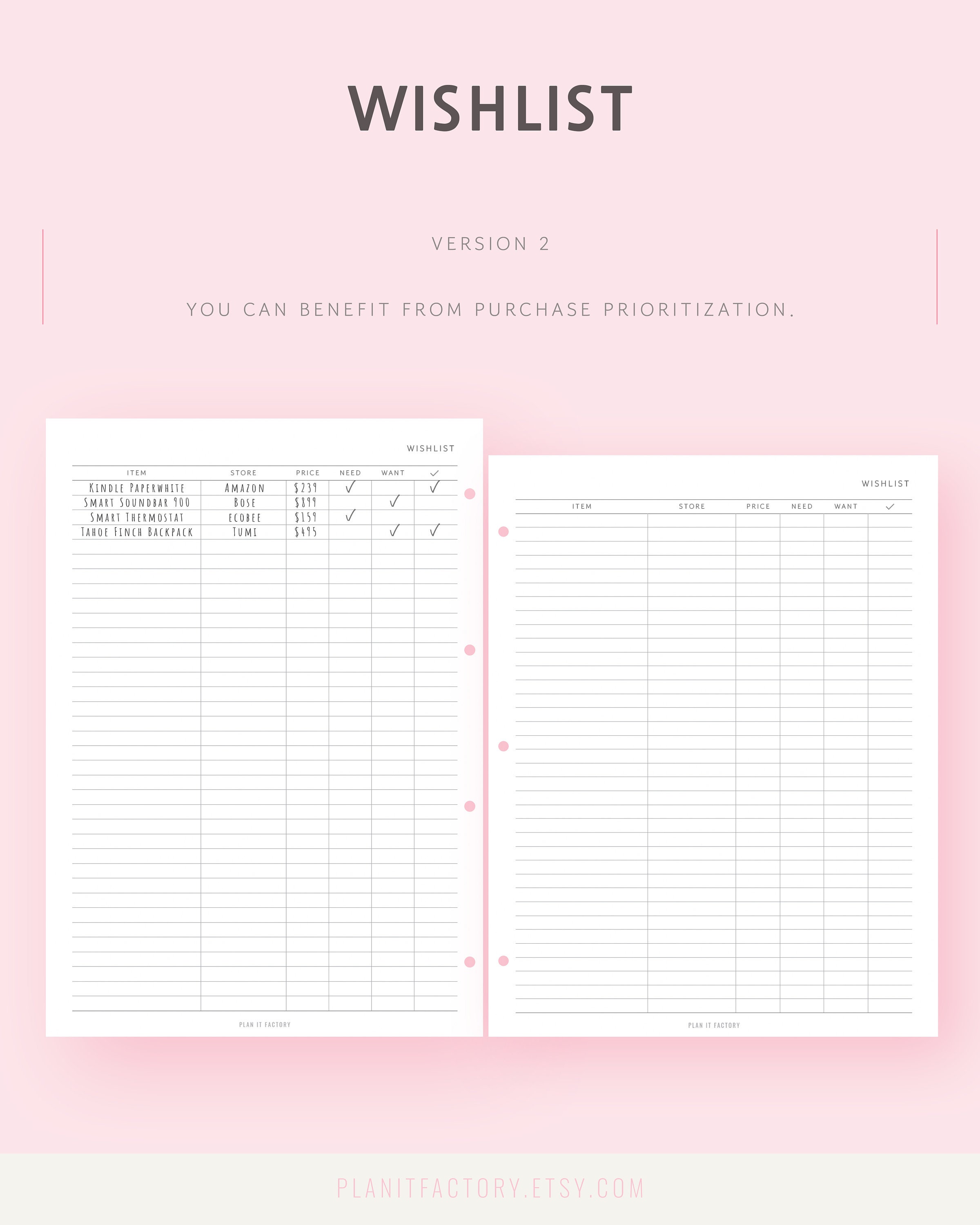Wish List Printable Planner Inserts A4, Letter Minimalist Wishlist Page ...