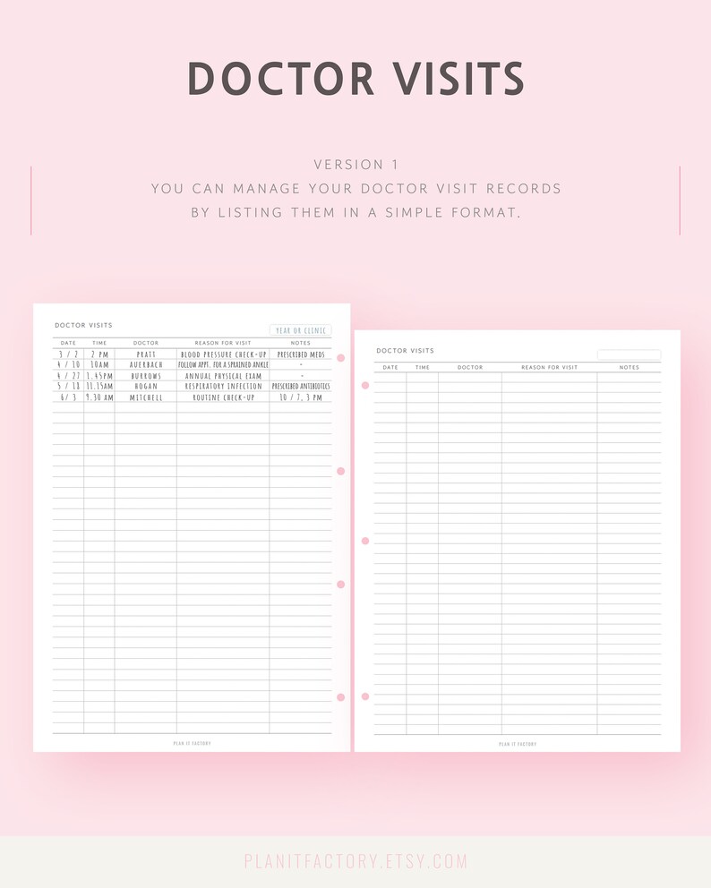 Doctor Visit Tracker Printable Pages A4, Letter Medical Specialist ...