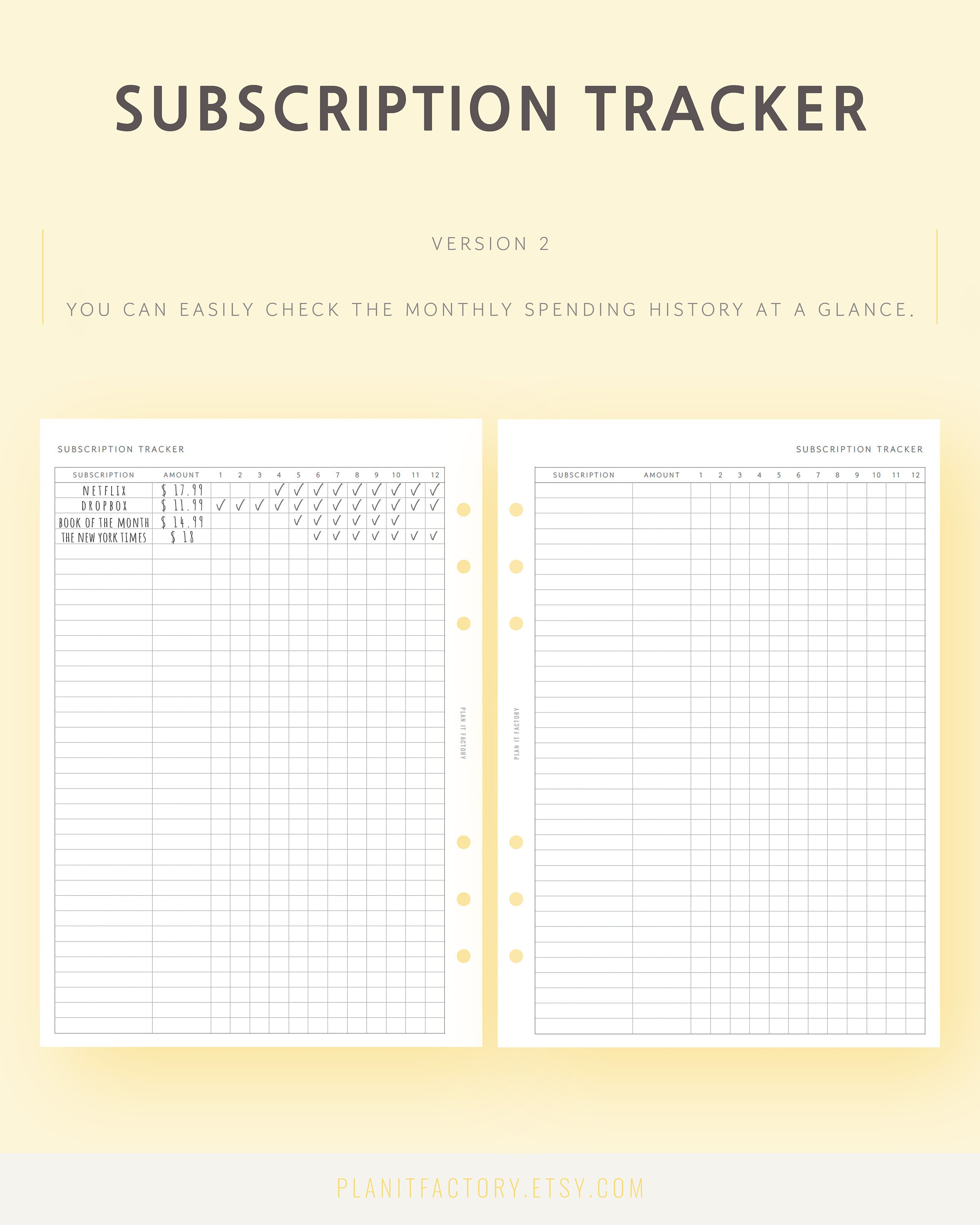 Subscription Tracker Printable A5 Membership Service Checklist PDF ...