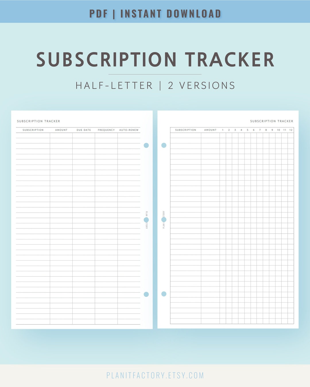 Subscription Tracker Printable Half Letter Membership Service Checklist ...