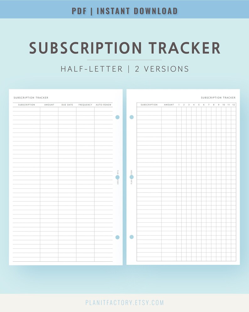 Subscription Tracker Printable Half Letter Membership Service Checklist ...