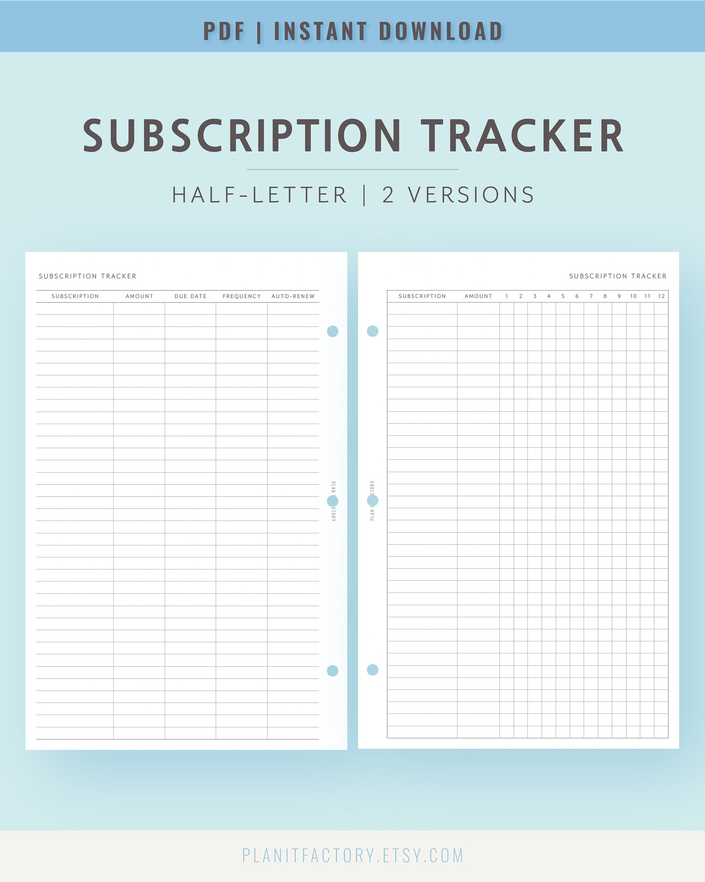 Subscription Tracker Printable Half Letter Membership Service Checklist ...