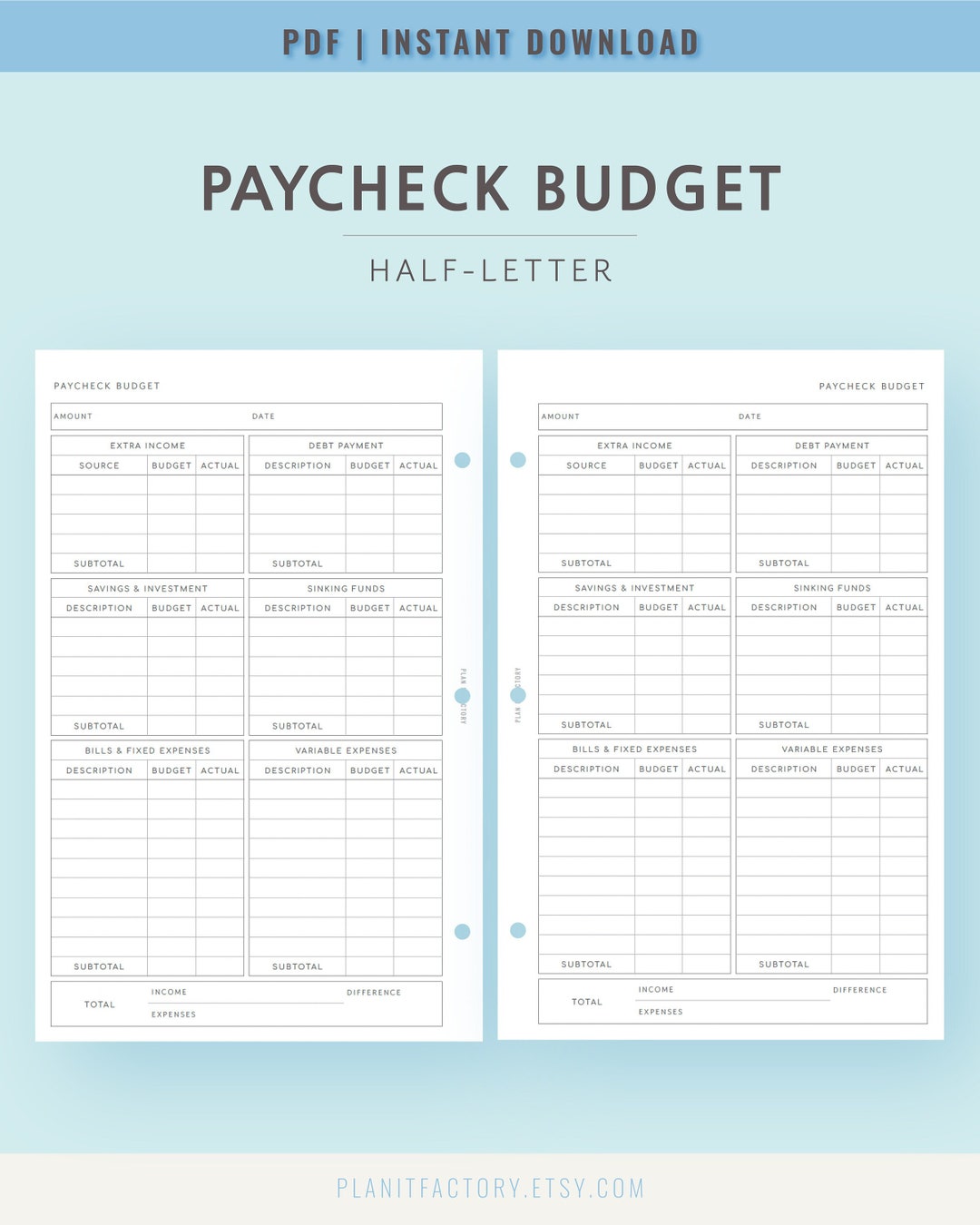 Paycheck Budget Template Half Letter Budget by Paycheck PDF Paycheck ...